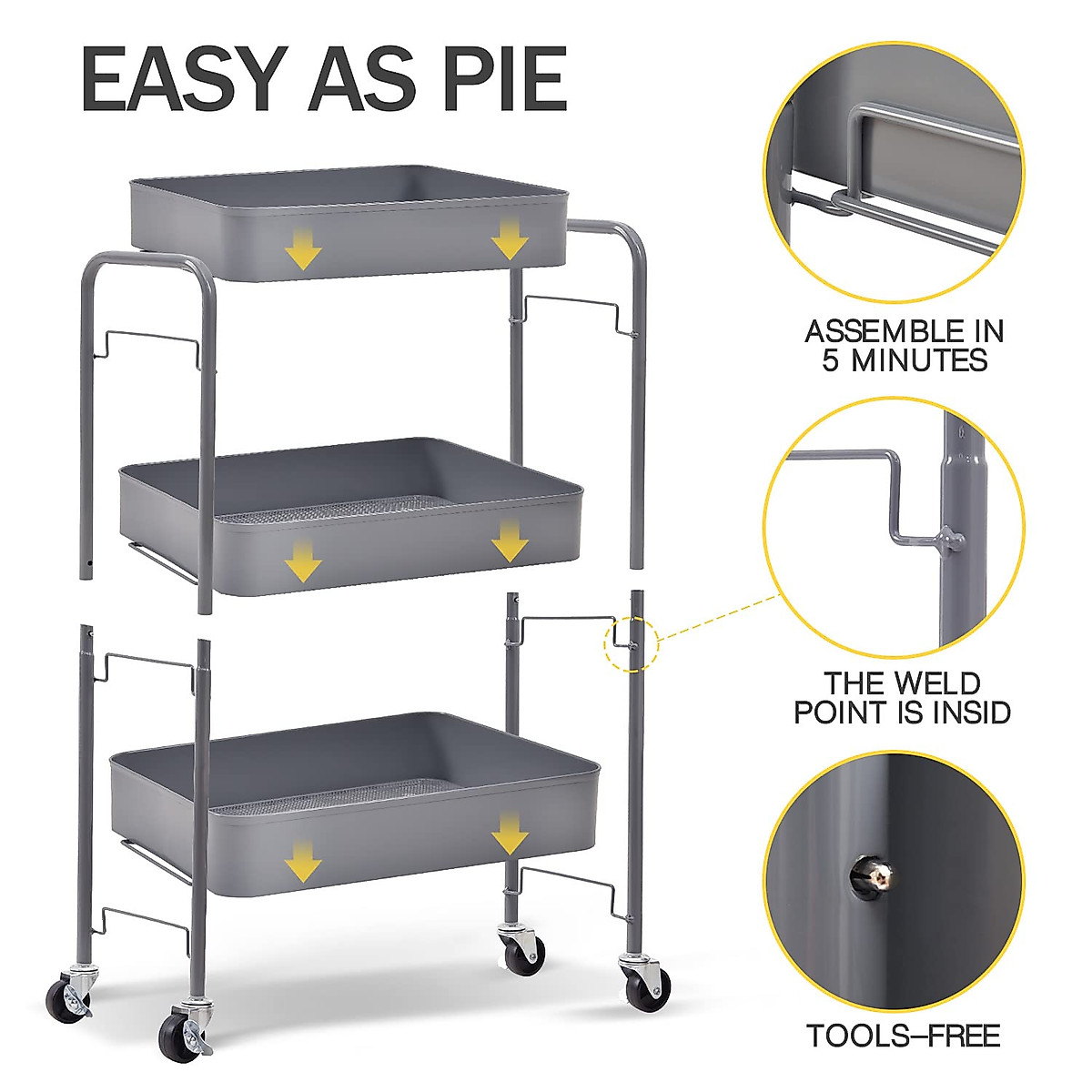 TOOLF 3-Tier Rolling Cart, Metal Utility Cart with Lockable Wheels, Storage Craft Art Cart Trolley Organizer Serving Cart Easy Assembly for Office, Bathroom, Kitchen, Kids' Room, Classroom (Grey)