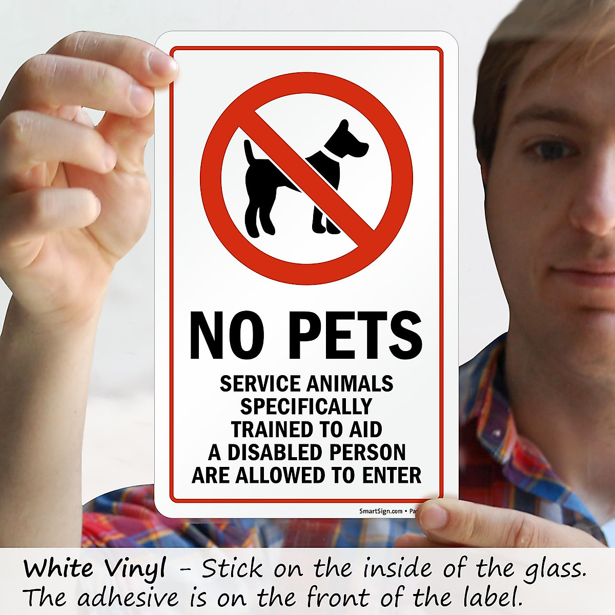 SmartSign “No Pets, Service Animals Specifically Trained To Aid A Disabled Person Are Allowed To Enter” Glass Door Decal | 8"x5" Polyester