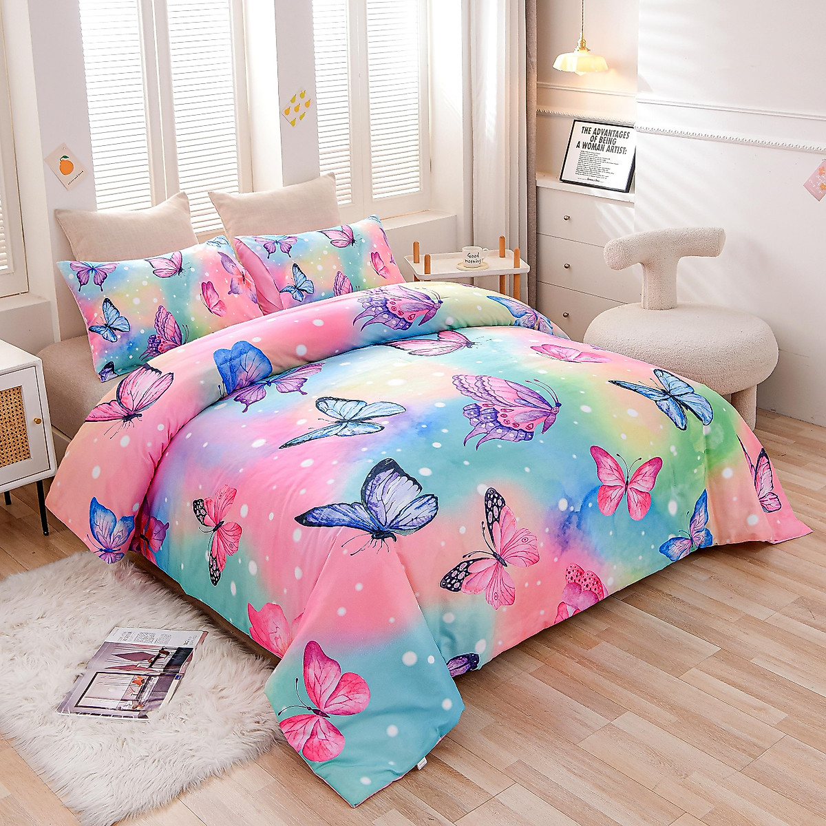 Btargot 3 Piece Purple Butterfly Girls Kids Adults Queen Size Comforter Set, Lightweight Soft All Season Bedding Set with 2 Pillowcases