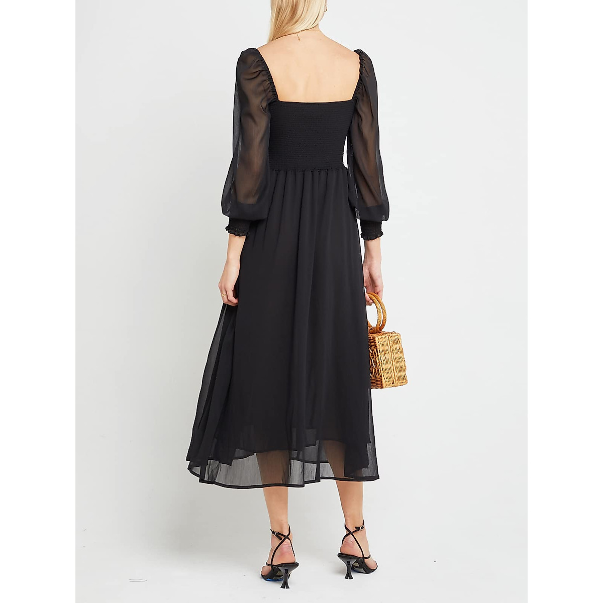 ZAFUL Women Dress Square Neck Off Shoulder Puff Sleeve A Line Smocked Long Sleeve Casual Maxi Black Dress