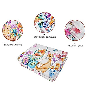 kopudka Easter Throw Blanket Decorations Egg Spring Blankets Rabbit Decor Flannel with Bunny Lilies Wicker Basket Wildflower Throws 50x60 inch