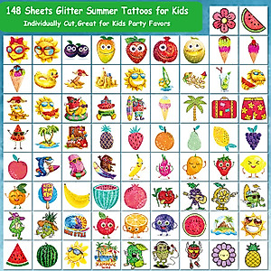 CHARLENT 148 PCS Glitter Summer Fruit Temporary Tattoos for Kids - Watermelon Pineapple Individual Tattoos for Boys Girls Pool Birthday Party Favors Goodie Bag Fillers