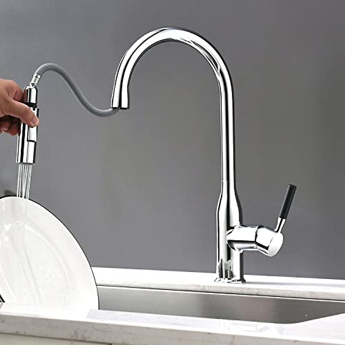 Leekayer Pull Out Kitchen Faucet with Sprayer Chrome Finish Kitchen Mixer Tap Single Lever One Hole Mount 2 Water Flow Type
