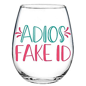 Adios Fake ID - Funny Cute Wine Glass, Stemless 15oz, Gift Box, 21st Birthday Gifts for Women, Finally Legal, R.I.P Fake ID, Happy 21st Birthday Gift for Women, Funny Gift Ideas for Sister, Friend