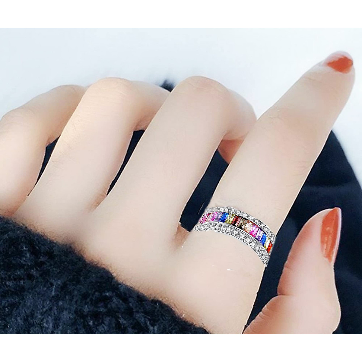 VPKJewelry 18K Gold Plated Rainbow Ring Wedding Band for Women Ladies Emerald Cut Multi Color Created-Gemstone Eternity Ring (Multicolor, 9)