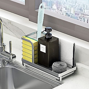 Countertop Dish Soap Holder, Kitchen Sink Caddy Organizer,Sponge Holder for Sink, Stainless Steel Sponge Soap Brush Holder with Drain Pan