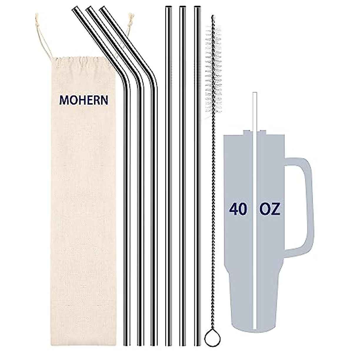 Stanley Straw Replacement 40 oz 30 oz, 6 Pcs Metal Straws Reusable, Reusable Straws Dishwasher Safe with Straw Cleaner(Silver 12 inches)