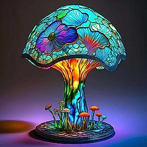 Mriykio Stained Glass Mushroom Lamp, Vintage Table Lamps, Bedside Lamps, High Table Lamps Night Lights, Colorful Mushroom Lamps, Bedroom Table Lamps Decorative