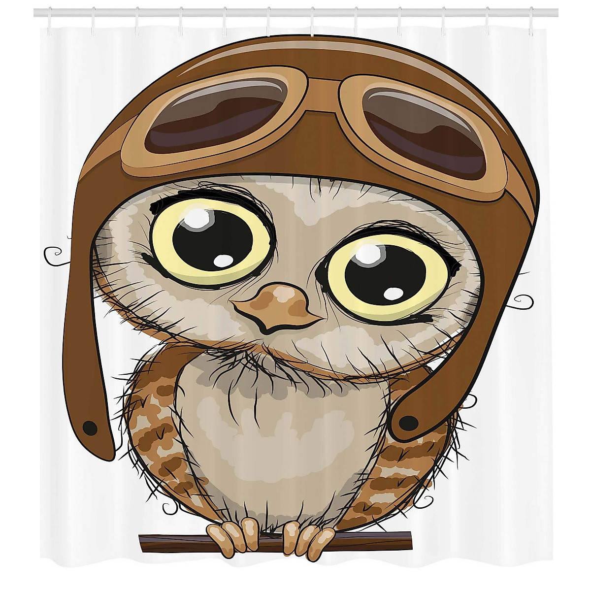 Ambesonne Owls Shower Curtain, Owl in Pilot Hat Big Eyes Caricature Characters Wildlife Humor Comic, Cloth Fabric Bathroom Decor Set with Hooks, 69" W x 70" L, Yellow Brown Cocoa