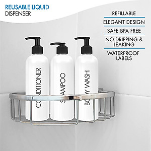 Empty White Plastic Shampoo & Conditioner Bottles (Pack of 6, 17 Fl. Oz) - 3 Screen Printed Bottles and 3 Bottles with 6 Transparent Stckers