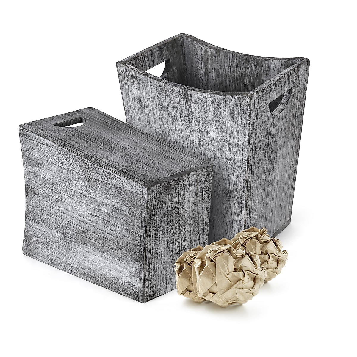 Wood Trash Can Rectangular Waste Basket with Convenient Semicircular Handle Wooden Garbage Can for Kitchen Bedroom Living Room, Grayish Green