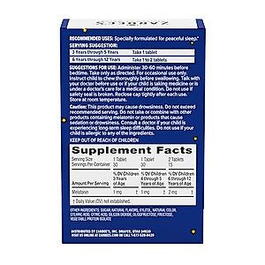 Zarbee's Kids 1mg Melatonin Chewable Tablet, Drug-Free & Effective Sleep Supplement, Easy to Take Natural Grape Flavor Tablets for Children Ages 3 and Up, 30 Count