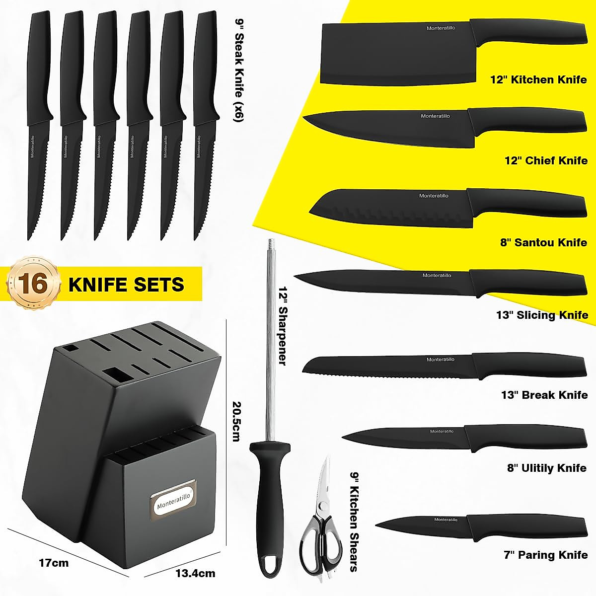 Knife Sets, Kitchen Knife Block Set, 19 Pcs Kitchen Knife with Sharpening, High Carbon Stainless Steel Sharp & Rust Resistant Dishwasher Safe
