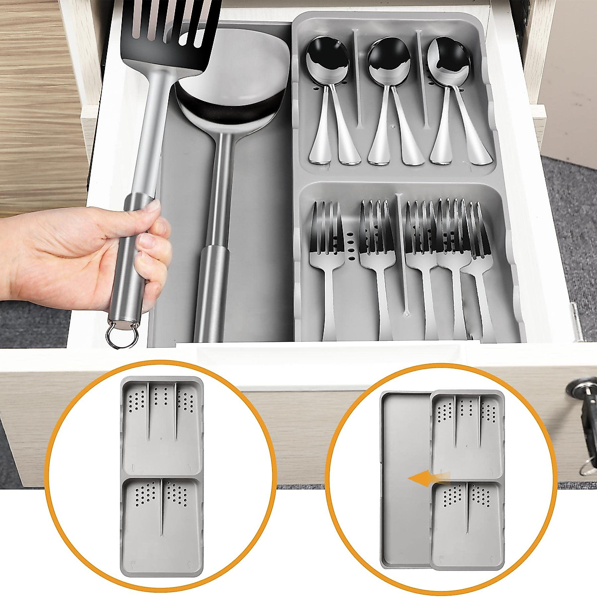 KAKUNM Expandable Utensil Organizer | Plastic Flatware Drawer Organizer, Flatware Drawer Tray for Silverware, Cutlery Holder With 6 Compartments Compact Storage Organization for Spoons Forks Knives