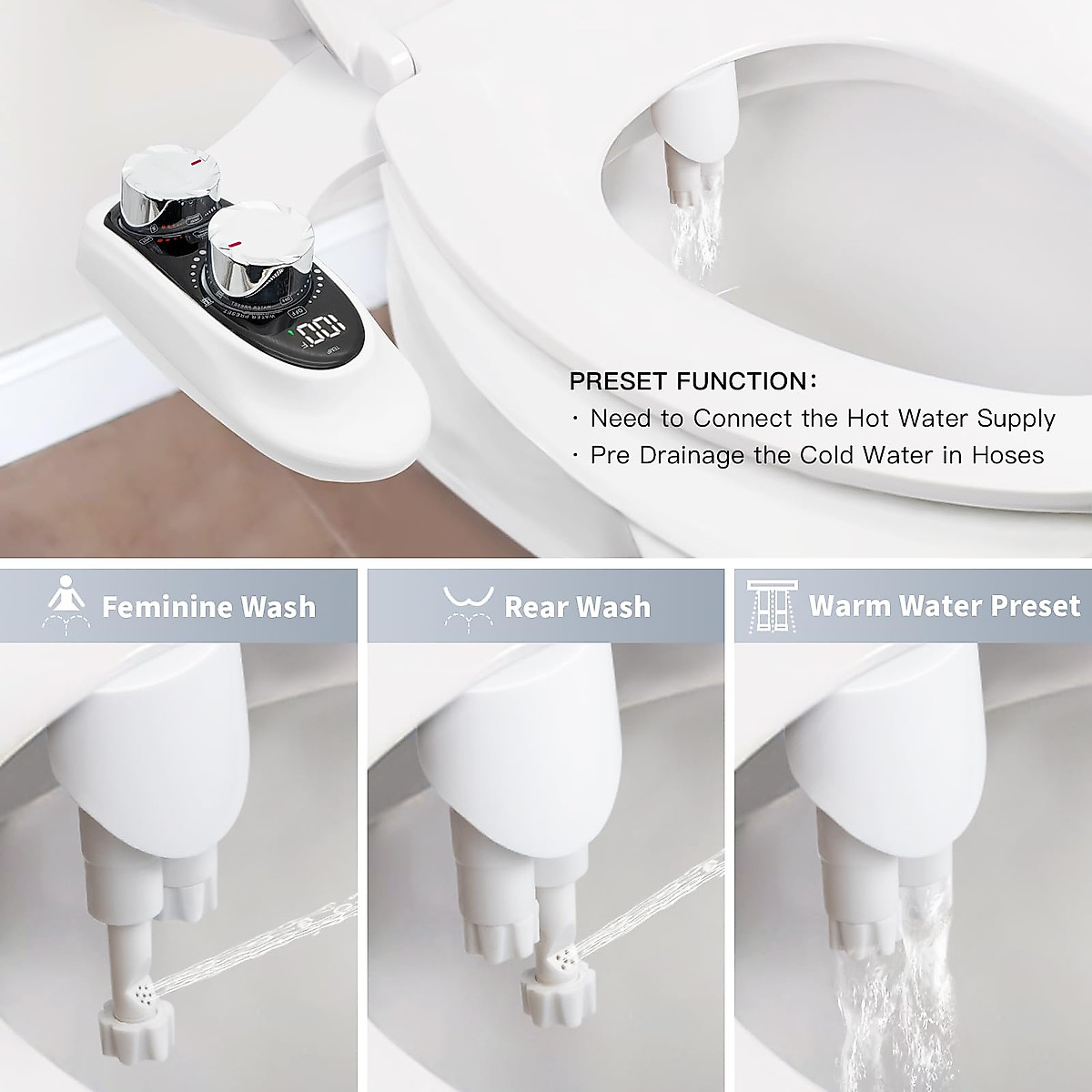 Bidet Attachment for Toilet Warm Water, Low Battery Consumption Temperature Display, Fresh Water Sprayer, Non-Electric Manual Bidet, Dual Nozzle Self Cleaning Hot and Cold Bidet Attachment