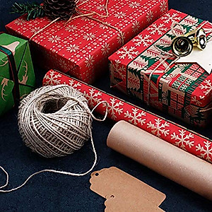 RUSPEPA Christmas Wrapping paper - Brown Kraft Paper with Red and Green Pattern For -Christmas Elements Collection-6 Roll-30Inch X 10Feet Per Roll