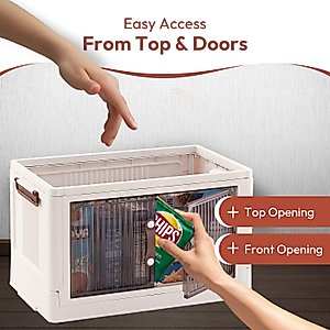 PROKTIK 30 QT 3 Tier Folding Storage Bins with Doors – Magnetic Door Foldable Storage Cabinet - Folding Storage Box with Leather Handles - Stackable and Collapsible Storage Container for Books, Pantry