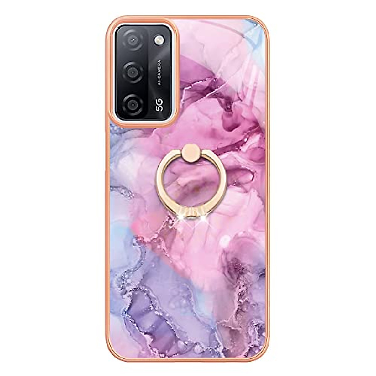 ONV Silicone Case for Oppo A55 5G - Phone Case with Luxury Glitter Metal Ring Marble Painted Stand Case TPU Bumper Protect Cover for Oppo A55 5G / Oppo A53S 5G / Oppo A54 4G / Oppo A16 [Ring] -Pink