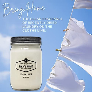 Nika's Home Fresh Linen Soy Candle 12oz Mason Jar Non-Toxic Natural White Soy Handmade, Long Burning 50-60 Hours Highly Scented All Natural, Clean Burning Candle Gift Décor