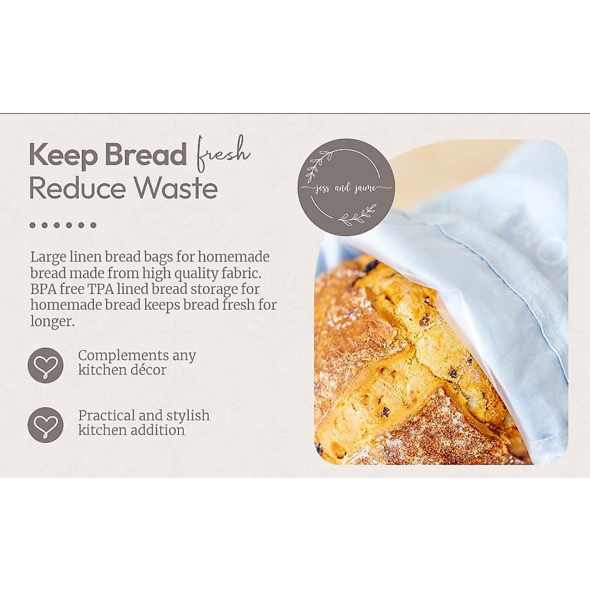 Reusable Linen Bread Bags - 3 Pack XL (16.5 x 12 in) for Homemade Bread Storage