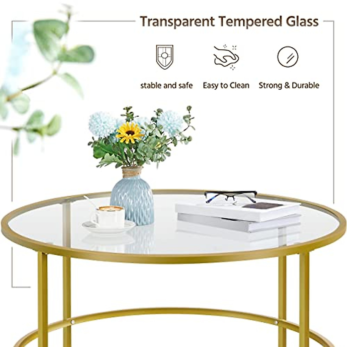 Yaheetech 36in Round Glass-Top Coffee Table,Mustard Gold Modern Accent Side Round Coffee Table w/Protective Foot Pads, Metal Structure Glass Coffee Table for Living Room,Dining, Apartment,Small Space