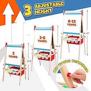 Kids Easel Including 100+ Accessories, Double Sided Wooden Easel for Kids - Magnetic Chalkboard & Painting Board & 2 Paper Rolls, Art Easel Supplies for Toddlers 3-8 Height Adjustable