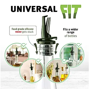 Olive Oil Spout for Olive Oil Dispenser - UK Patented Oil Pourer - Mid Flow Shut Off for Accurate Measurement - One Handed Open & Close Cap Keeps Oil Fresh and Prevents Oxidization - Green 6 Pack