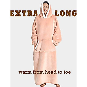 Jugbey Oversized Lengthened Wearable Blanket Hoodie for Women Men,Cozy Fuzzy Sherpa & Fleece Hooded Blankets,Big Blanket Sweatshirt with Sleeves & Giant Pocket Pink