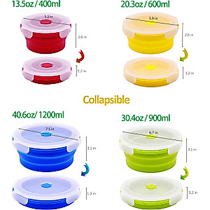 FUSMYE Set of 4 Collapsible Silicone Food Storage Containers With Lids,Round Bowls For Kitchen, Microwave,Dishwasher and Freezer Safe For Camping,Foldable Meal Box, BPA Free