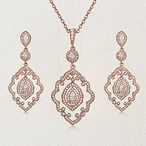 SWEETV Wedding Jewelry for Bride, Rose Gold Necklace and Earrings Jewelry Set, Bridal Jewelry Set for Wedding Party Costume