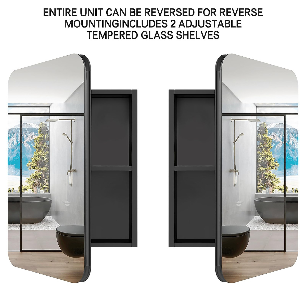 LALAHOO 24x16 Inch Bathroom Medicine Cabinet Black Aluminium Profiles Wall Mounted Bathroom Medicine Cabinet or Recessed Mirror Cabinet Rounded Rectangle Bathroom Medicine Cabinet