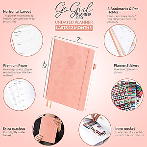 GoGirl Planner PRO - Undated Horizontal Layout Weekly Planner and Organizer + Budgeting and Expense Tracking Pages, Goals Journal & Agenda, 7" x 10" Hardcover, Lasts 1 Year - Peach Pink
