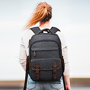 Canvas Laptop Backpack, Vintage Daypack for Men Women,Travel Work Rucksack College Bookbag Computer Bag Fits 15.6 Inch Laptop (Black)