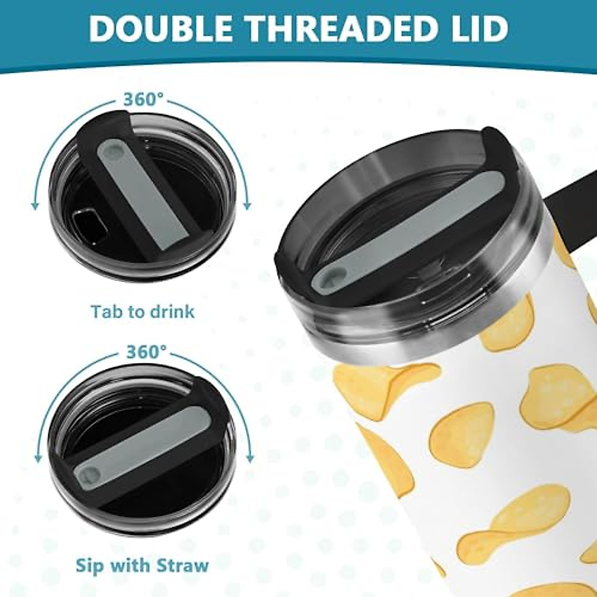 Exnundod Seamless Pattern Potato Chips Tumbler with Handle 30oz and Straw Insulated Tumblers Leak-proof Water Bottle for Car Travel