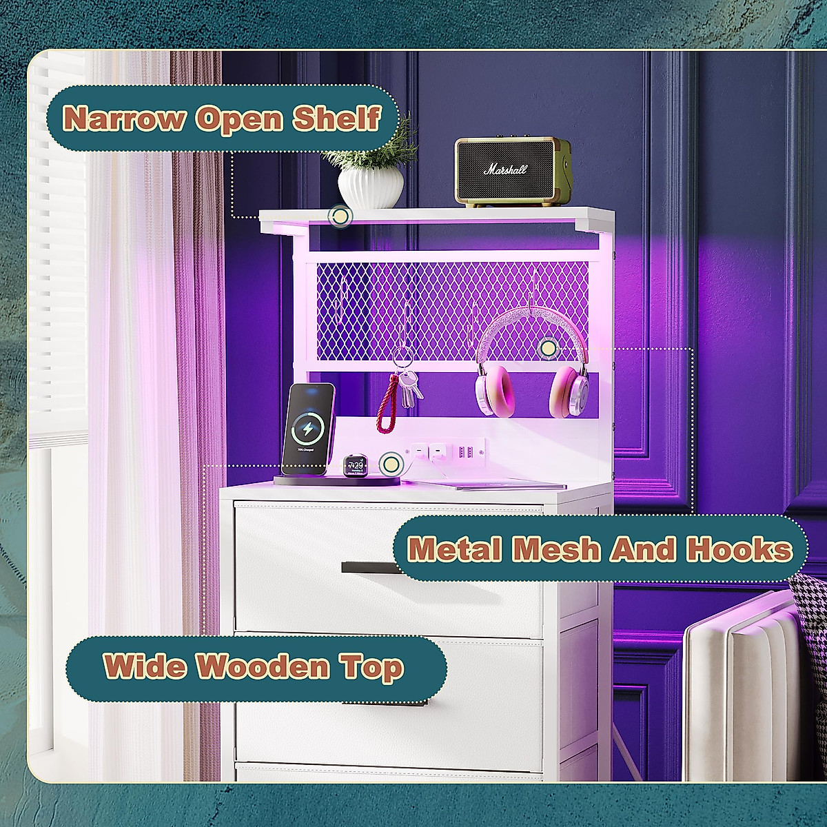 EKNKOZY Nightstand 5 Drawer Dresser with LED Lights, Charging Station, Metal Mesh Shelf with Hooks, Vertical Side Table with Fabric Drawers, End Table, Tall Dresser for Bedroom, Entryway, White