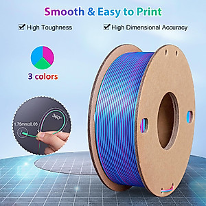 3Dgenius Silk PLA 3D Printer Filament Triple Color Silk PLA Filament 1.75mm 3D Printing Filament Fit Most FDM Printers, 250g Spool(0.55lbs), 3 in 1 Color Rose Red Sky Blue Green