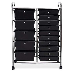 15 Drawer Rolling Storage Cart, Mobile Utility Cart with Lockable Wheels, Drawers, Multipurpose Organizer Cart for Home, Office, School, Black