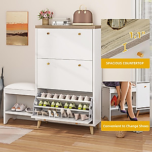 DWVO Shoe Cabinet with Bench for Entryway, Modern Shoe Storage Cabinet Shoe Bench, Narrow Hidden Shoe Organizer with 3 Flip Drawer, for Hallway, Closet, Living Room, White