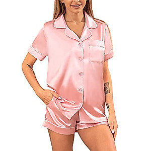 YIMANIE Womens Silk Satin Pajama Sets Two-piece Short Sleeve Shirt and Shorts Button Down Pj Set Loungewear Pink