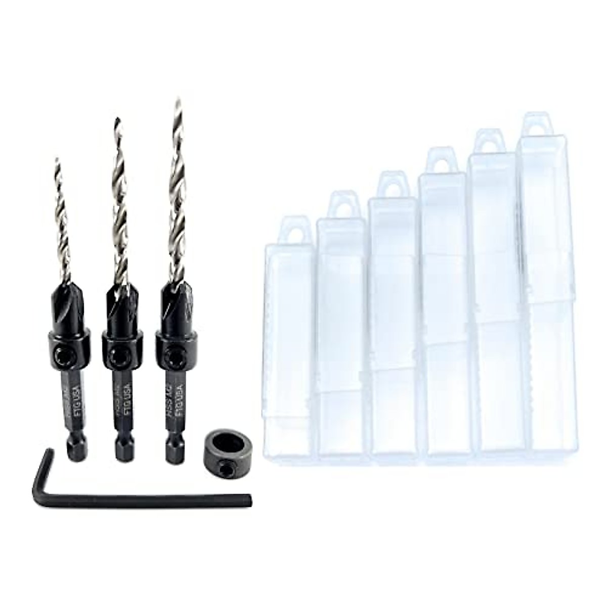 FTG USA Wood Countersink Drill Bit Set 3 Pc Countersink Drill Bit #6#8#10 with 6 Storage Containers,1 Stop Collar, 1 Allen Wrench
