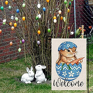 Easter Egg Bunny Garden Flag Double Sided Vertical Burlap 12×18 Inch, Welcome Spring Farmhouse Yard Outdoor Decoration DF021