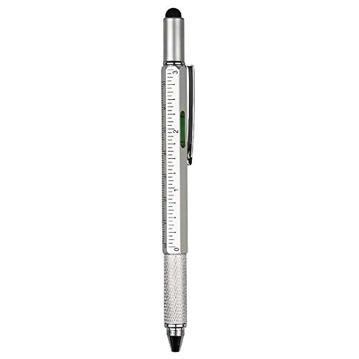 DUNBONG Metal Multi tool Pen 6-in-1 Stylus Pen - With Screwdriver, Ballpoint Pen Black ink, Stylus pen, Level and Ruler, 1-Count (Silver)