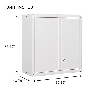 GREATMEET Metal Storage Cabinet with Lock and Doors,Steel Garage Wall Storage Cabinet,Garage Upper Cabinet,Wall Mounted Metal Cabinet for Garage, White