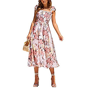 PRETTYGARDEN Women Summer Dresses 2023 Tie Strap Square Neck Smocked Ruffle Flowy Floral Print Boho Maxi Cocktail Dress(Floral Pink,X-Large)