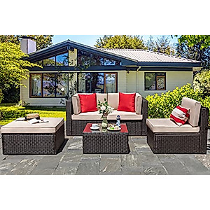 Vongrasig 5 Piece Patio Furniture Sets, All-Weather Brown PE Wicker Outdoor Couch Sectional Patio Set, Small Patio Conversation Set Garden Patio Sofa Set w/Ottoman, Glass Table, Red Pillow, Beige
