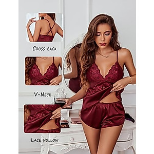 Avidlove Women's Silk Pajamas Set Satin Lingerie 2 Piece Pjs Cami Top and Shorts Sleepwear Dark Red