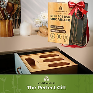 Food Storage Bag Organizer, Plastic Bag Organizer - Bamboo Monoblock Design Baggie Organizer for Drawer with Labels Included, Sandwich Bag Organizer, Quick Refill Slider, by Woodenhouse