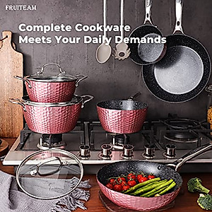 FRUITEAM Hammered Cookware 16-Piece Home Kitchen Ware Pots Pan Set with Non-stick Coating, Aluminum Induction Cooking Pots, Includes Fry Pans, Saucepans, Stock Pots, Rose