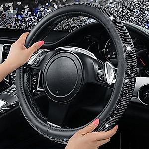 CAR PASS Bling Diamond Leather Steering Wheel Cover, With Bling Sparkly Crystal Glitter Rhinestones Universal Fit 14"1/2-15" Car Wheel Protector for Women Girl Fit Suvs,Vans,Sedans,Cars,Trucks, Black