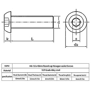 25pcs M6-1.0 x 40mm Round Cup Hexagon Socket Screws10.9 Grade Alloy Steel, Oxidized Black Surface Treatment、Full Thread, Allen Socket Drive (Size: M6x40)